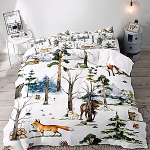 VIVIHOME 2PCS Woodland Animals Duvet Cover Set, Twin Bedding Sets, White Duvet Cover, Wildlife Rabbit Fox Deer Elk Moose Bear Camping Hunting Lodge Cabin Country Rustic Farmhouse Bedding, 1 Pillowcase