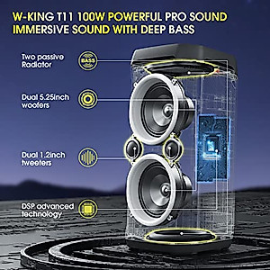 W-KING 100W Bluetooth Speakers V5.3, IPX6 Waterproof Portable Loud Speaker with Deep Bass/110dB Huge Sound/DSP, Karaoke Outdoor Boombox with Lights/Mic & Guitar Port/Echo/USB Port/EQ/Adapter Included