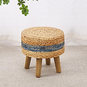 Cpintltr Round Ottoman Natural Seagrass Footstool Hand Weave Water Hyacinth Poufs Eco Friendly Sofa Foot Stool Soft Step Stool Padded Foot Rest with Pine Legs for Living Room Bedroom Blue