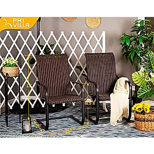 PHI VILLA Outdoor Patio C Spring Rattan Chairs, 4 Pieces High Back Wicker Dining Chair with Metal Frame for Patio, Deck, Porch - Brown