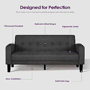 TYBOATLE 62 Inch Linen Upholstered Tufted Mid-Century Modern Loveseat Sofa w/ 2 USB Charger Ports and 2 Cupholders, Small Love Seat Couches for Living Room, Bedroom, Apartment, Dorm (Dark Grey)