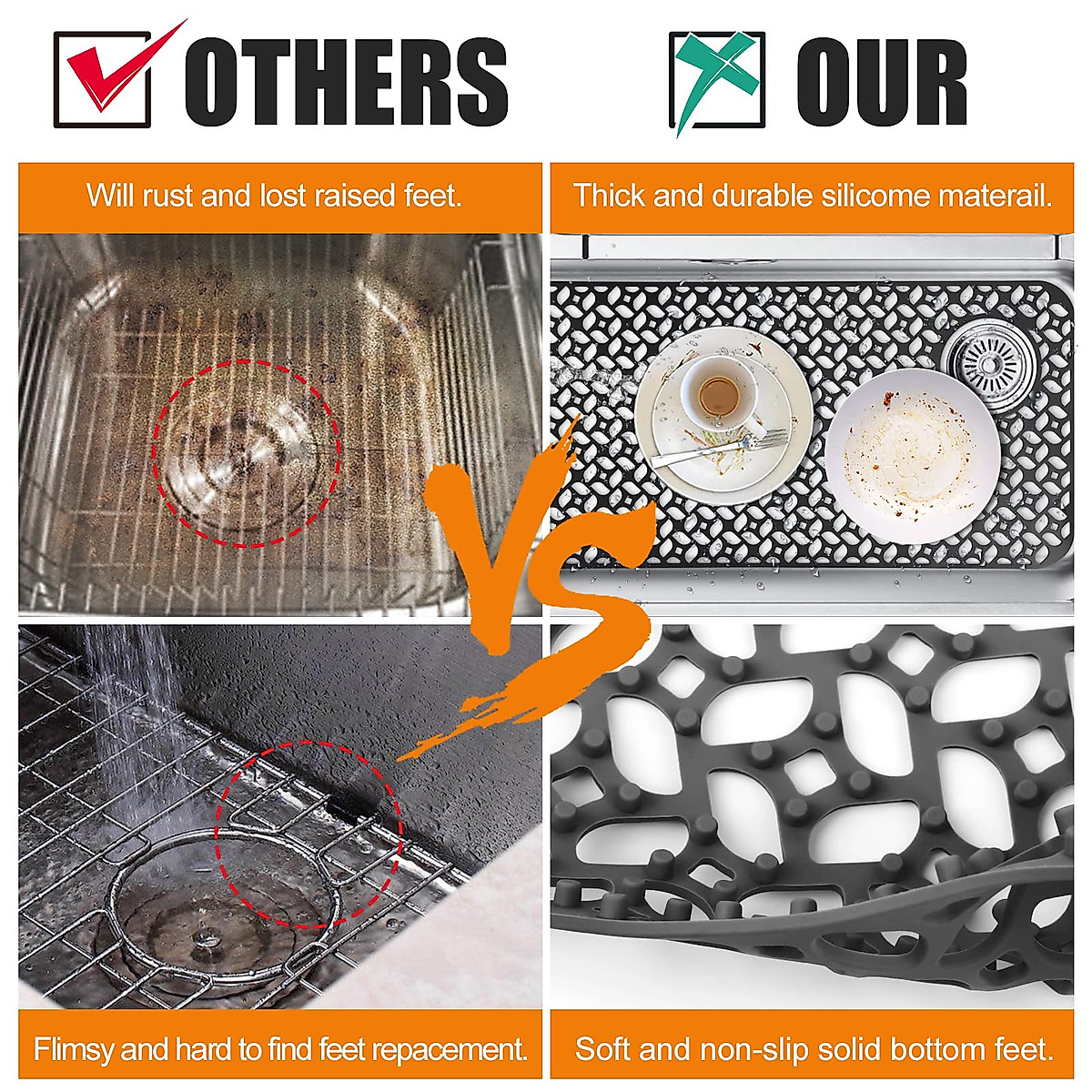 JUSTOGO Silicone Sink Mat, Black Sink Protectors for Kitchen Sink Grid Accessory, 1 PCS Non-slip Sink Mats for Bottom of Kitchen Farmhouse Stainless Steel Porcelain Sink Right & Left (28.2''x 14.2'')