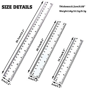 6 Inch 8 Inch 12 Inch Plastic School Rulers, 3 Pack Clear Ruler with Inches and Centimeters Drafting Office Tools for Student School Office