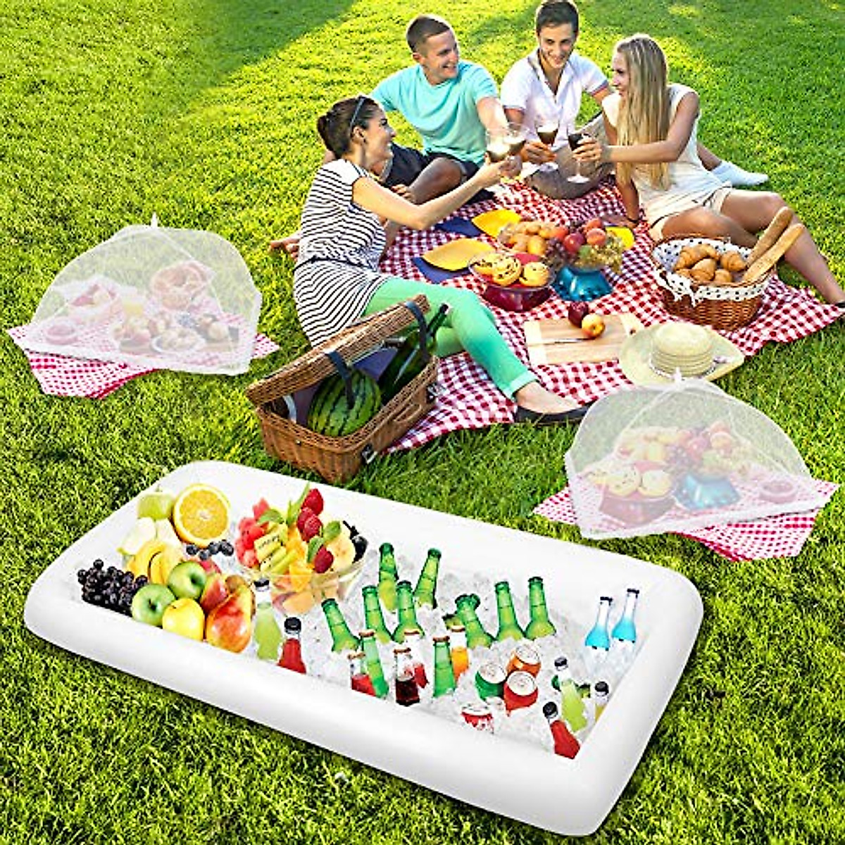 1PCS Inflatable Serving Bars and 3PCS Mesh Food Umbrella Covers Tent for Outdoor,Keep Salads Beverages Ice Cold - For Parties Indoor & Outdoor BBQ, Picnic Pool Party Supplies Luau Cooler