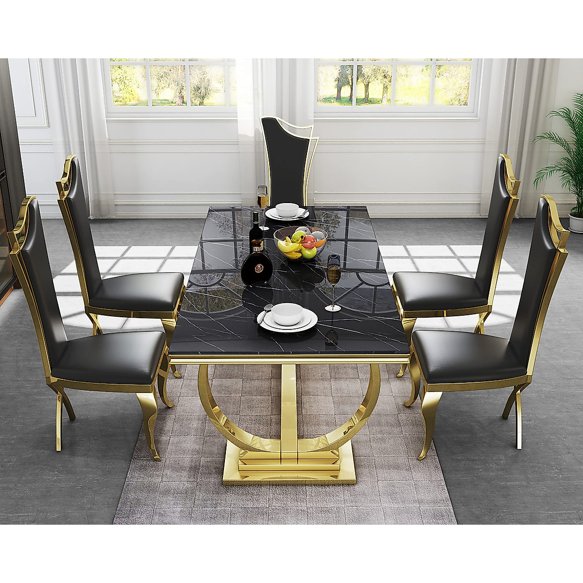 70" Marble Dining Table for 6-8, Luxury Gold Kitchen Table, Mid-Century Modern Black Fuax Marble Dining Room Table with Stainless Steel Pedestal, Large Dining Table for Kitchen Dining Office