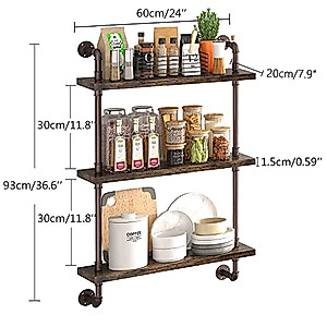 PUSDON Industrial Pipe Shelving Wall Mounted 24 Inch 3 Tier,Bathroom Bronze Metal Floating Shelves, Wood Hanging Storage Bookshelf (W24inch - 2 Sets) - Drak Coffee