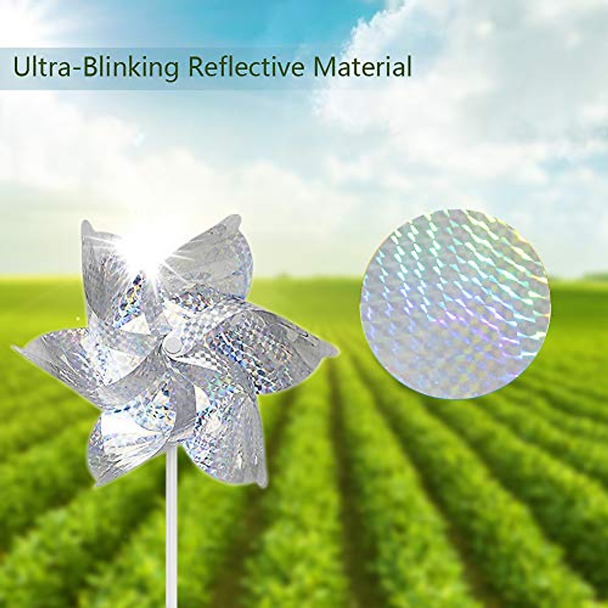 10-Pack Extra Sparkly Reflective Pinwheels+12Pcs/12Inch Bird Scare Reflective Rods