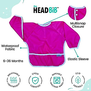 HEADBIB – First Ever Head Bib, Protects Little One’s Hair During Mealtime & Playtime, Waterproof Fabric, For Baby & Toddler (Pink w/SleeveBiB, Large (12-24 Months))