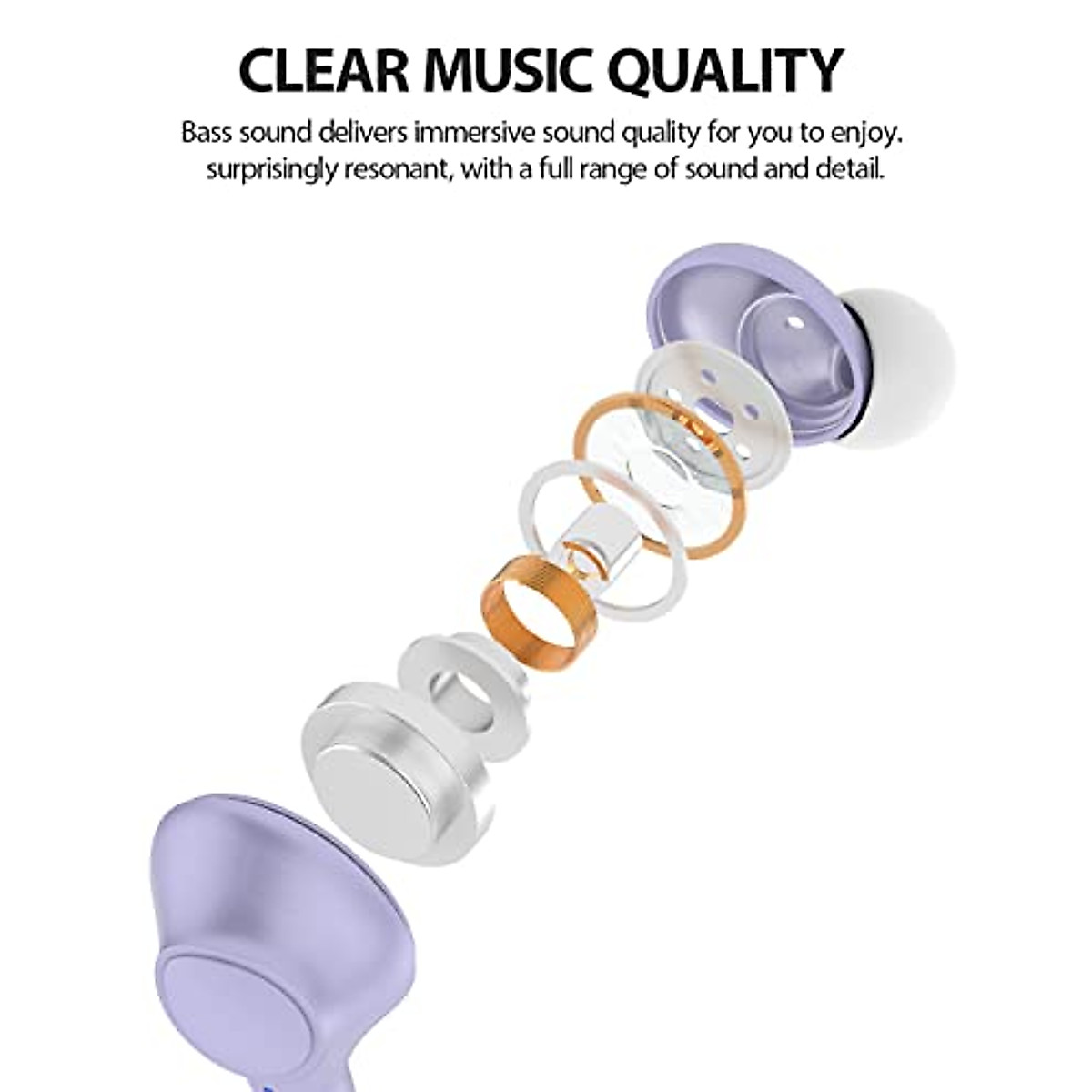 Bluetooth 5.3 Wireless Earbuds, Deep Bass Sound Clear Call, Noise Cancelling with 4 Microphones, 30H Playtime, IPX7 Waterproof Protection, Comfortable Wearing, Compatible with iPhone Android, Purple