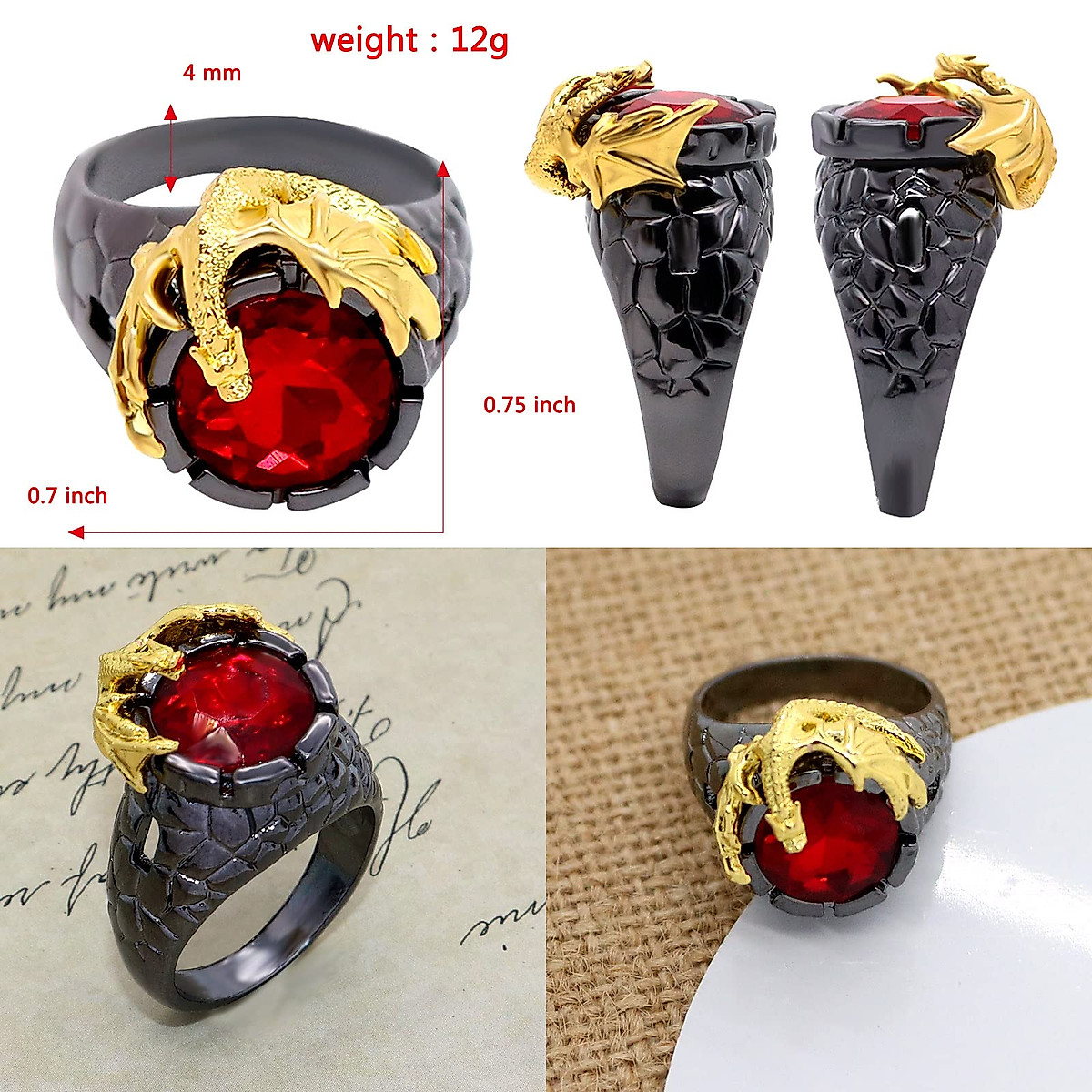 ABJFJE Vintage Red Crysrtal Dragon Ring Anniversary Eternity Band Rhinestone Ring Crystal Wedding Cocktail Rings Fashion Luxury Jewelry for Men Women Gold Silver Plated (12)