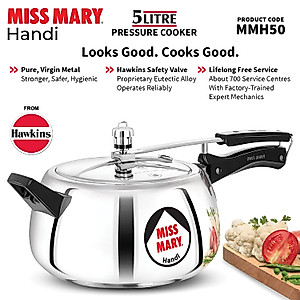 Hawkins 5 Litre Miss Mary Handi Pressure Cooker, Inner Lid Cooker, Silver (MMH50)