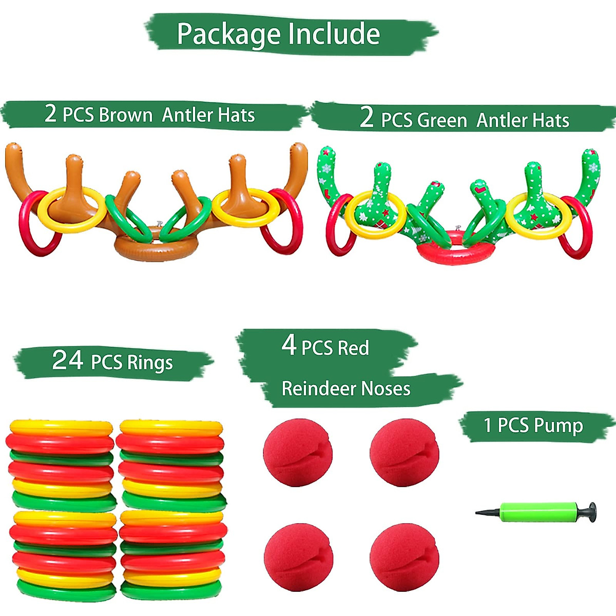 4 Sets Christmas in July Inflatable Reindeer Antler Ring Toss Game School Family Favors Party Gift Supplies Outdoor Indoor Toy (24 Rings with 4 Reindeer Noses)