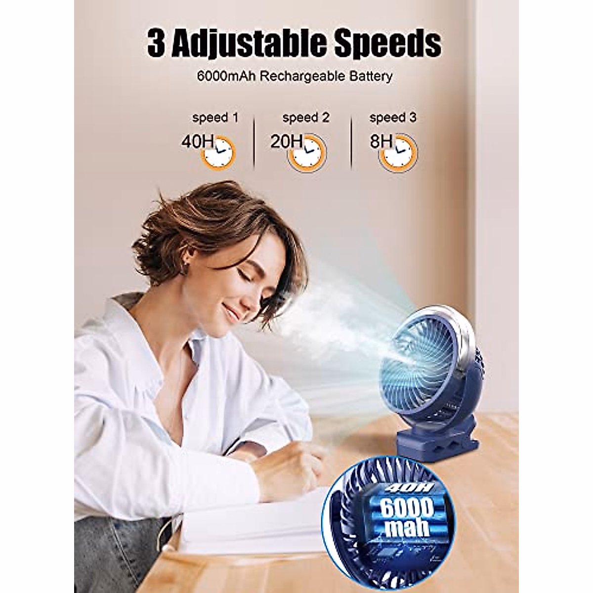 FRIZCOL Clip on Fan with Misting - 6000mAh Portable Fan with Light & Hook - Rechargeable Fan Battery Powered Up to 40 Hours Cooling & 2h Misting for Travel, Office, Desk