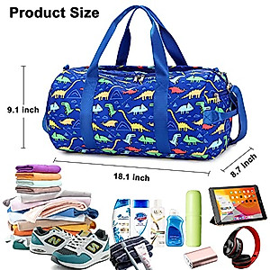 CAMTOP Kids Duffel Overnight Bag Boys Girls Weekender Carry-On Personalized Tote for Travel Gym Sport (Dinosaur-Dark Blue)