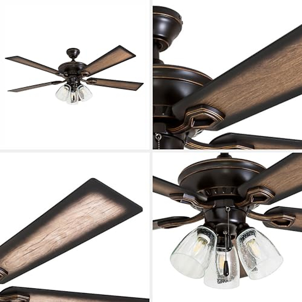 Prominence Home Glenmont, 52 Inch Farmhouse LED Ceiling Fan with Light, Pull Chain, Three Mounting Options, Dual Finish Blades, Reversible Motor - 40278-01 (Oil-Rubbed Bronze)