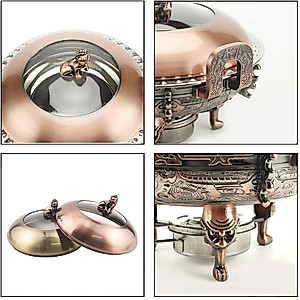 EdirFtra Round Copper hot Pot Set, Stainless Steel Buffet Set, Chinese Style hot Pot, with Food Plate, Aluminum Bracket, Cover and Fuel Bracket, 1L