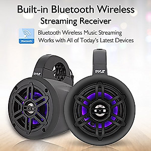 Pyle Waterproof Marine Wakeboard Tower Speakers - 4 Inch Dual Subwoofer Speaker Set w/LED Lights & Bluetooth for Wireless Music Streaming - Boat Audio System w/Mounting Clamps PLMRLEWB47BB