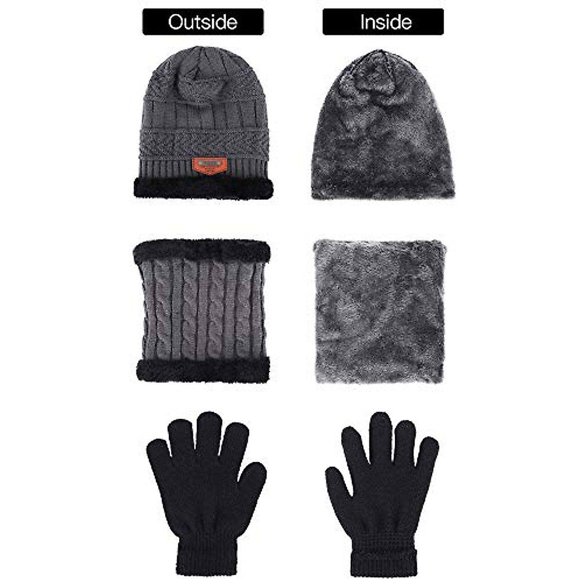Kids Winter Hat Glove Scarf Sets Knitted Toddler Cap Beanie All Fingers Gloves Mitten Neck Warmer for Boys Girls (Black, Grey)