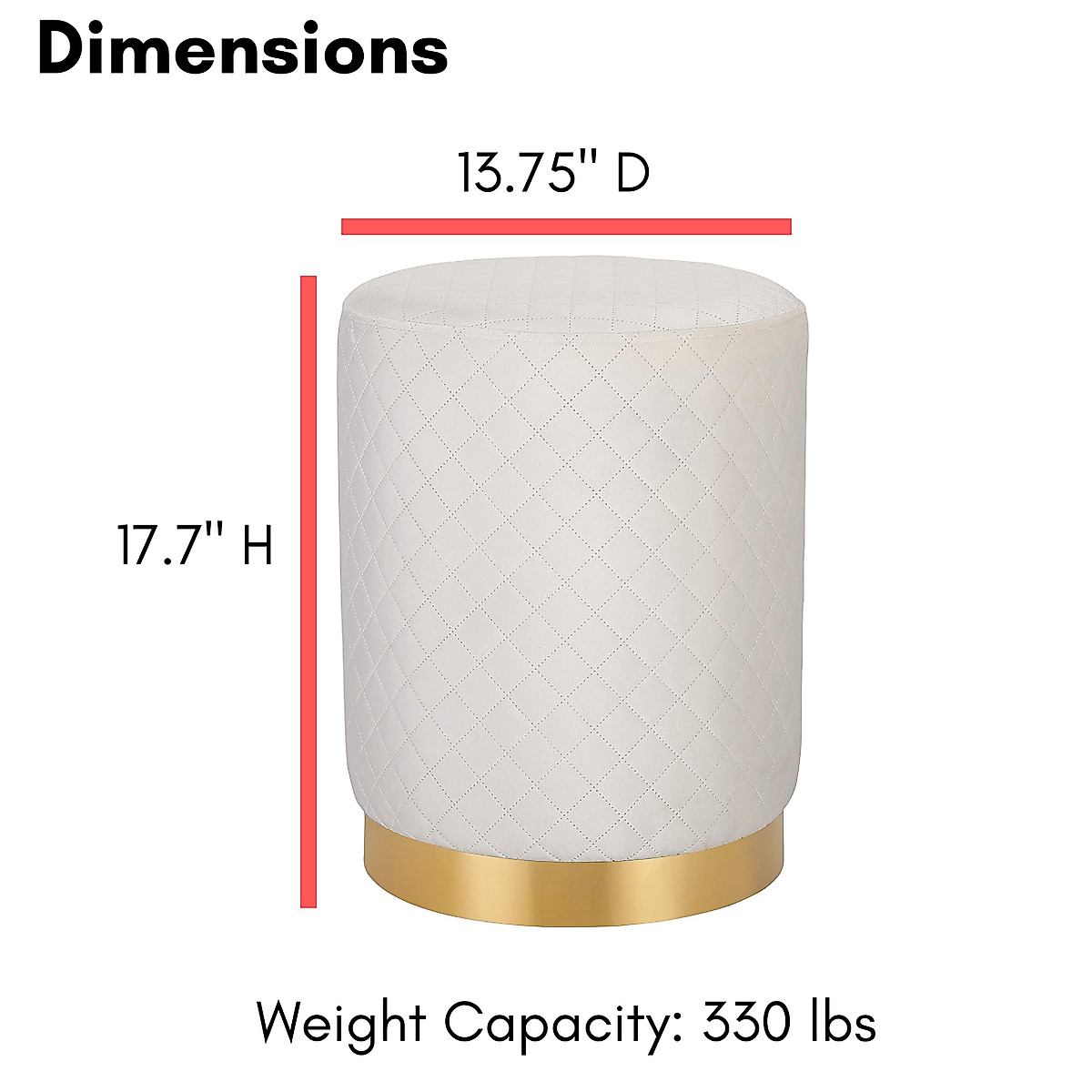 BIRDROCK HOME Round Cream Velvet Ottoman Foot Stool with Lattice Design – Soft Compact Padded Stool – Gold Trim - Great for The Living Room or Bedroom – Decorative Furniture – Foot Rest