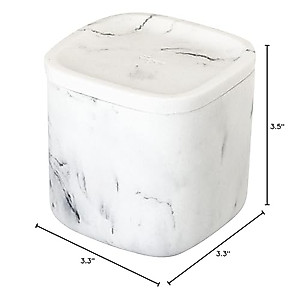 Vigar Zense Collection White Marble Square Toiletries Container Box with Lid, Holder for Cotton Balls and Hair Accessories, for Modern Luxury Bathroom and Bedroom, Fine Polyresin Stone