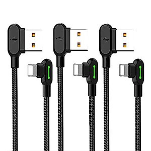 USB 90 Degree Right Angle Design Gaming LED Nylon Braided Sync Charge Double Size USB Reversible Data 6FT/1.8M Cable Compatible New Phone/Pad/Pod (3 Pack Black, 6FT)