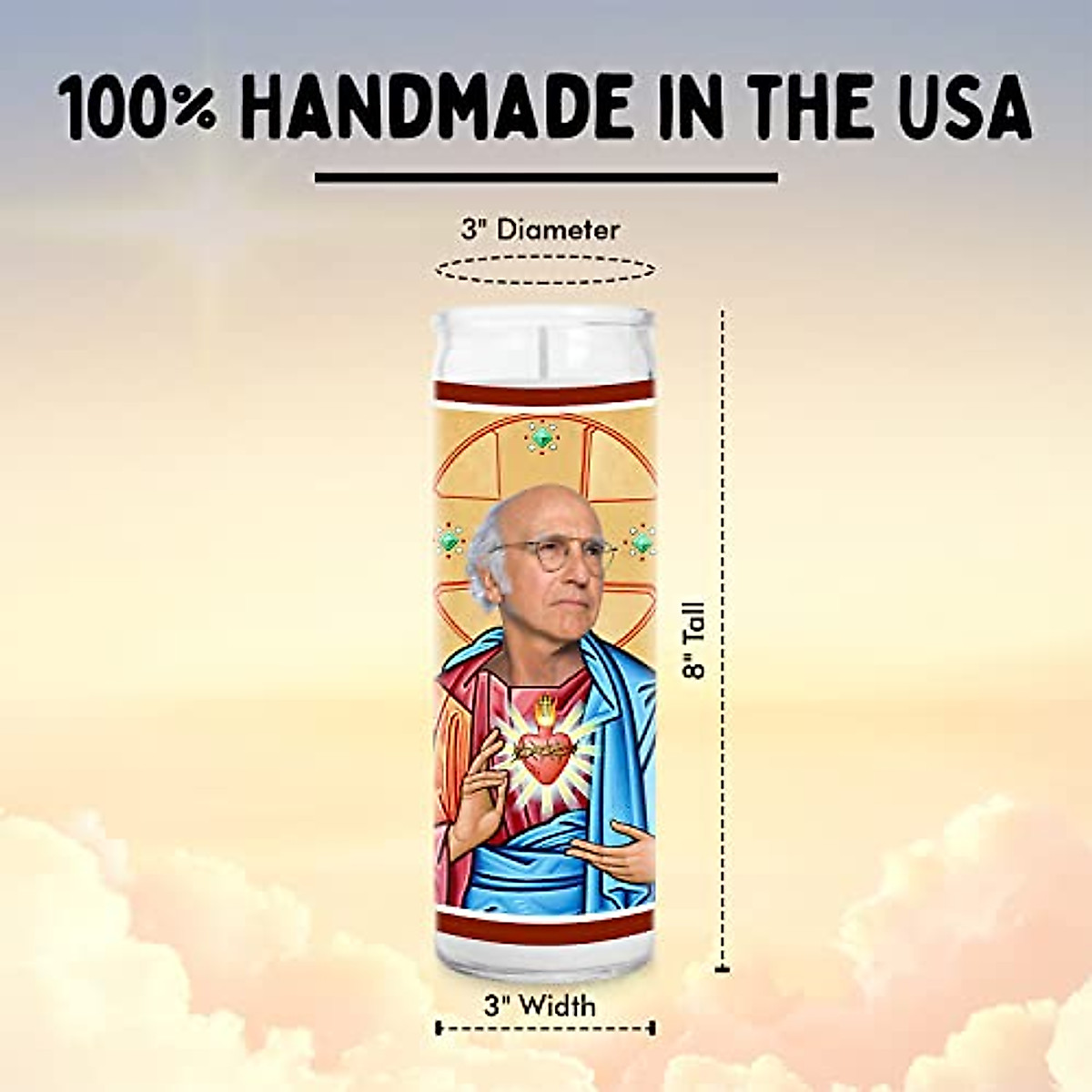 Larry Celebrity Prayer Candle - Funny Saint Candle - 8 inch Glass Prayer Votive - 100% Handmade in USA - Novelty Celebrity Gift