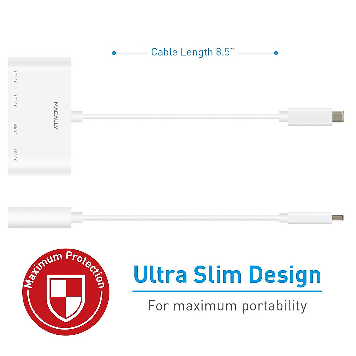 Macally Uchub4 USB-C Hub 10 CM Cable White with 4 USB-A Ports