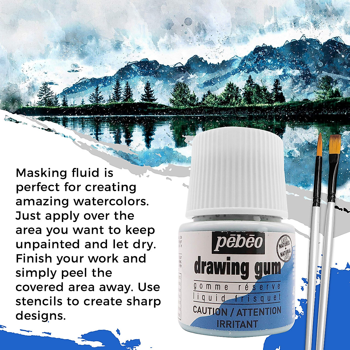 Pebeo Drawing Gum Made in France - Masking Fluid for Watercolor Painting and Various Art Projects - Bundled with Moshify Applicator Brush Set