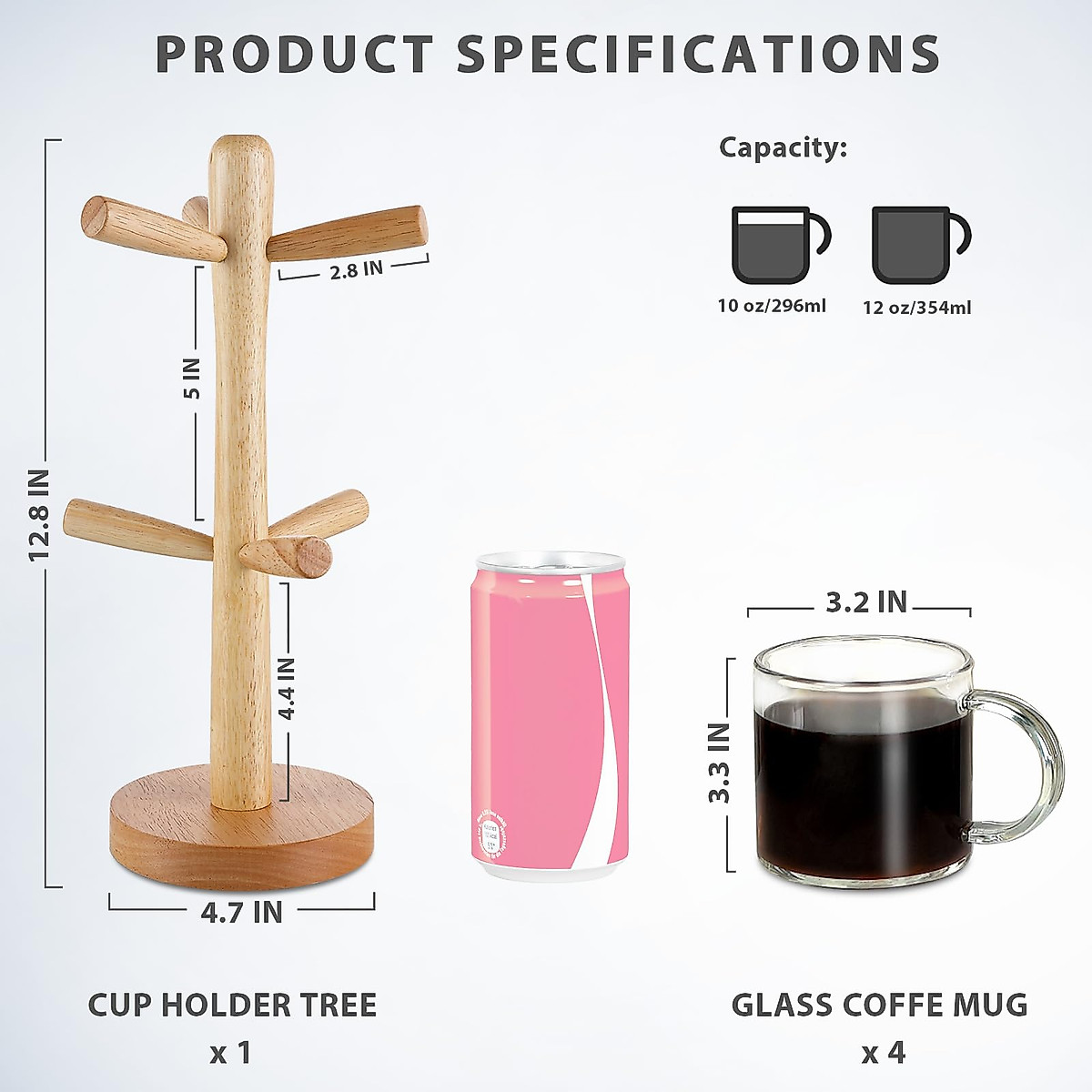 Aquach Coffee Glass Mugs Set of 4, 12 oz, Including Wooden Cup Holder Tree, 6 Hooks
