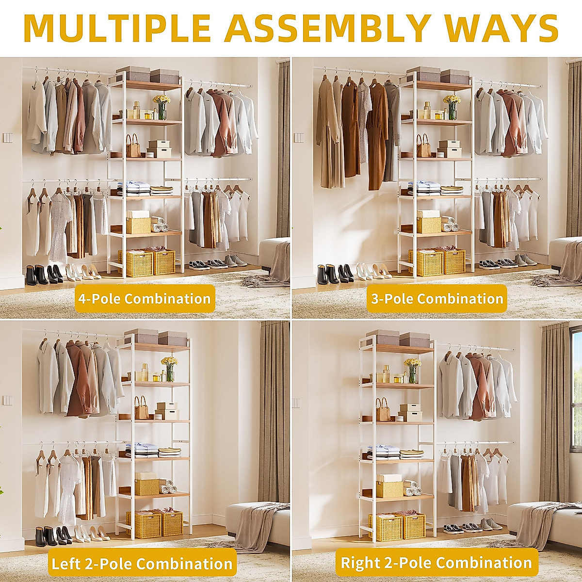 DWVO Closet Organizer System for Bedroom, Adjustable Heavy Duty Garment Rack Walk In Closet System, 4 Expandable Hanger Rods 5-Tier Wood Closet Storage Shelves with Backplane, Fits 6-9 ft Space, White