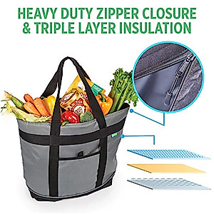 Jumbo Insulated Cooler Bag (Gray) with HD Thermal Insulation - Premium, Collapsible Soft Cooler Makes a Perfect Insulated Grocery Bag, Food Delivery Bag, Travel Insulated Bag, or Beach Cooler Bags