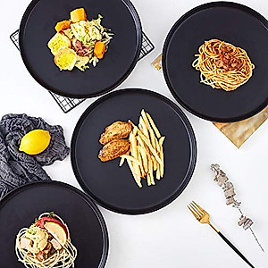 Bruntmor 11 Inch Ceramic Plate Set of 4, Round Ceramic Pasta Salad Plate for Dinner, Dinnerware Plates for Christmas Gift, Plates Set for 4, Dishwasher and Oven Safe, Black