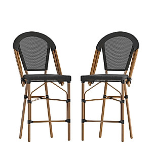 Merrick Lane Mael Bistro Style Stacking Counter Stools - Indoor/Outdoor Textilene Back and Seat - Natural Bamboo Finish Metal Frame - Set of Two - Black