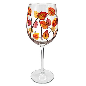 Autumn Leaves Wine Glass - Fall Colors - Leaf, Red, Yellow, Orange - Hand Painted - Thanksgiving Wine Glass