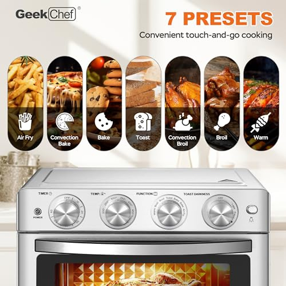 Geek Chef Air Fryer Oven 26 QT, Big Air Fryer, Toast Oven with Bake, Roast, Pizza, Convection Oven, Easy to Use & Clean, 6 Slice Toast, Stainless Steel