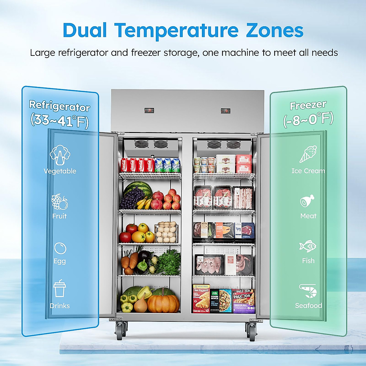 Mojgar Commercial Refrigerator and Freezer Combo,48" W Dual Temperature Zones,All Stainless Steel Design,38 Cu.ft 8 Adjustable Shelves Refrigerator and Freezer Combo for Restuarant,Shop,Garage,etc
