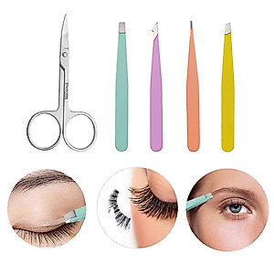Curved Eyelash Scissors Small Mini Eyebrow Scissors for Women Eyebrow Grooming Kit Tweezers Set Stainless Steel Facial Hair Eyebrow Remover Tools for Women Girls (Set of 5pcs)