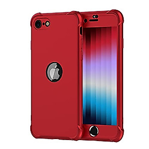 ORETECH Designed for iPhone SE 2022 Case with[2 x Tempered Glass Screen Protector] 360° Full Body Protection iPhone 2020 Case Cover Hard PC Soft Rubber Silicone for iPhone SE 3rd Generation - Red