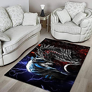 Red Blue Dragon and Wolf Rug Area Rug for Living Dinning Room Bedroom Kitchen, Nursery Rug Floor Carpet Yoga Mat
