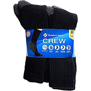 Member's Mark Men's Crew Socks Black Made in USA, Shoe Size 6-12, 10 Pairs