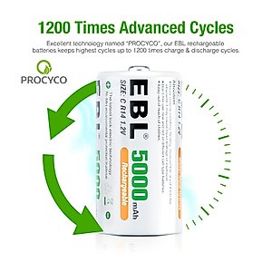 EBL C Size Rechargeable Batteries (2 Pack) and D Rechargeable Batteries (2 Pack) with Upgraded LCD AA AAA C D 9V Battery Charger with 2 USB Port & Discharge Function