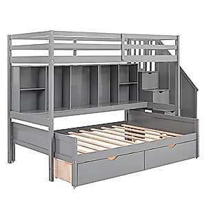 BIADNBZ Twin XL Over Full Bunk Bed with Built-in Bookshelves, Storage Drawers and Staircase, Sturdy Wood Bedframe w/Safety Guard Rail, for Kids Teens Adults,Gray