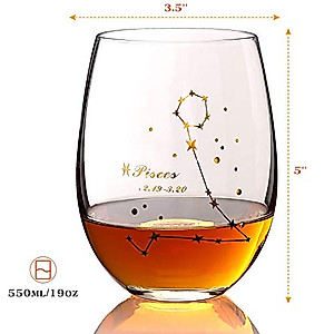 Pisces Wine Glass Pisces Gift 20oz Golden, Stemless Wine Glasses, Constellation Glass Define Design, Horoscope Gift, Astrology Gift for Women Men