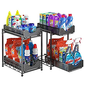 Under Sink Organizers and Storage, Bathroom Cabinet Organizer and Storage, 2 Tier Pull Out Under Cabinet Organizers and Storage, Metal Rolling Kitchen Sink Storage Organizer with Non-slip Feet -2Pack