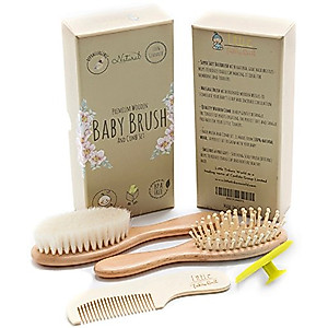 Wooden Baby Hair Brush and Comb Set (4-Piece) for Newborns and Toddlers | Ideal for Baby Cradle Cap | Wood Bristles Baby Brush | Baby Massage and Scalp Brush | Perfect for Baby Registry Gift Set