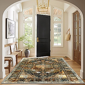NICETOWN 5x8 Vintage Area Rug - Thin Washable Boho Non-Slip Entryway Rug Oriental Medallion Living Room Rug Entrance Mat Carpet for Kitchen Laundry Bathroom Bedroom, Green