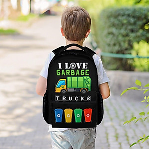 Mercuryelf I Love Garbage Trucks Backpack for Student - 16 Inch Black Backpacks for School - Cool Lightweight Bookbag for Kids