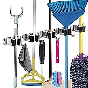 Mop Broom Holder Wall Mounted,Heavy Duty Mop and Broom Wall Mount Stainless Steel with 5 Racks 4 Hooks for Laundry Room, Home, Garage, and 1 hook Separated included （Black）