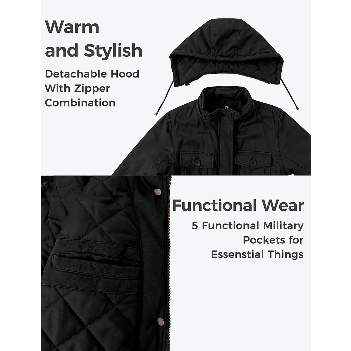 wantdo Women's Winter Military Jacket Outdoor Coat with Removable Hood Black L