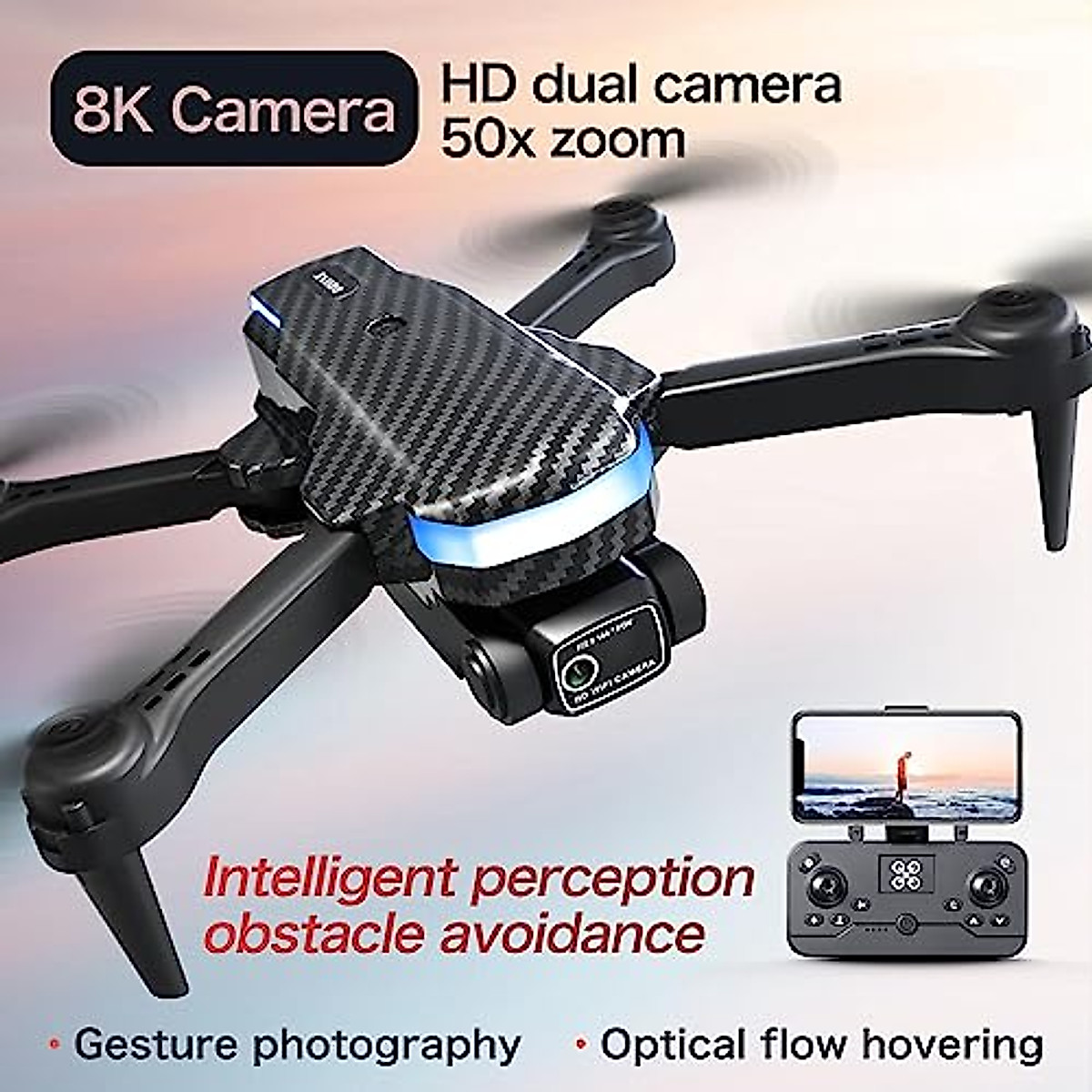 Carbon Fiber Drone with Dual Camera 360 ° Obstacle Avoidance Drone HD Aerial Photography Folding Flying Machine 4-axis Positioning Remote Control Aircraft with Headless Mode,Trajectory Flight